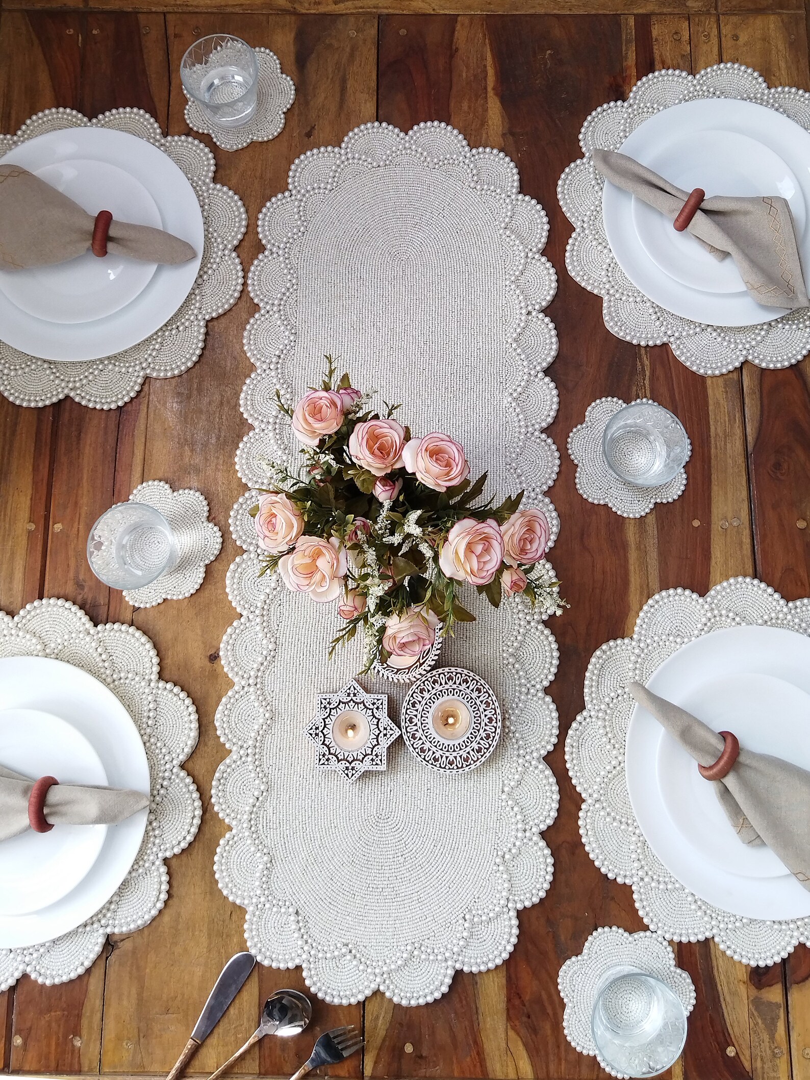 Handmade Pearls Beaded Table Runner Matching Placemats and - Etsy India