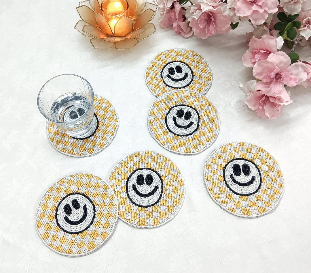 Set of 6 Handmade Beaded Yellow Smiley Coasters - Etsy
