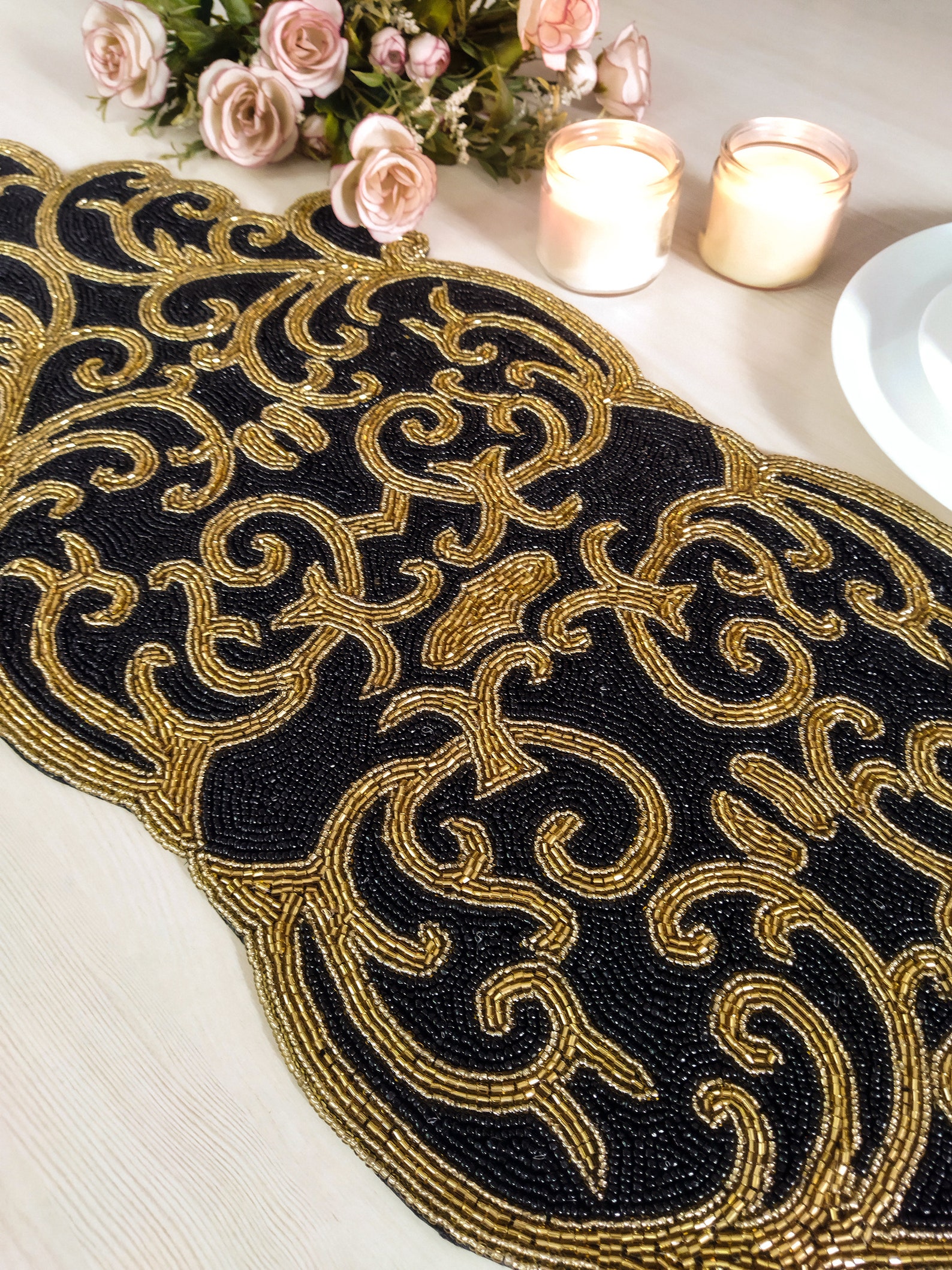 Black and Gold Handmade Beaded Table Runner - Etsy