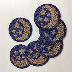Handmade Blue-gold Moon and Stars Beaded Coasters - Set of 6 - Etsy