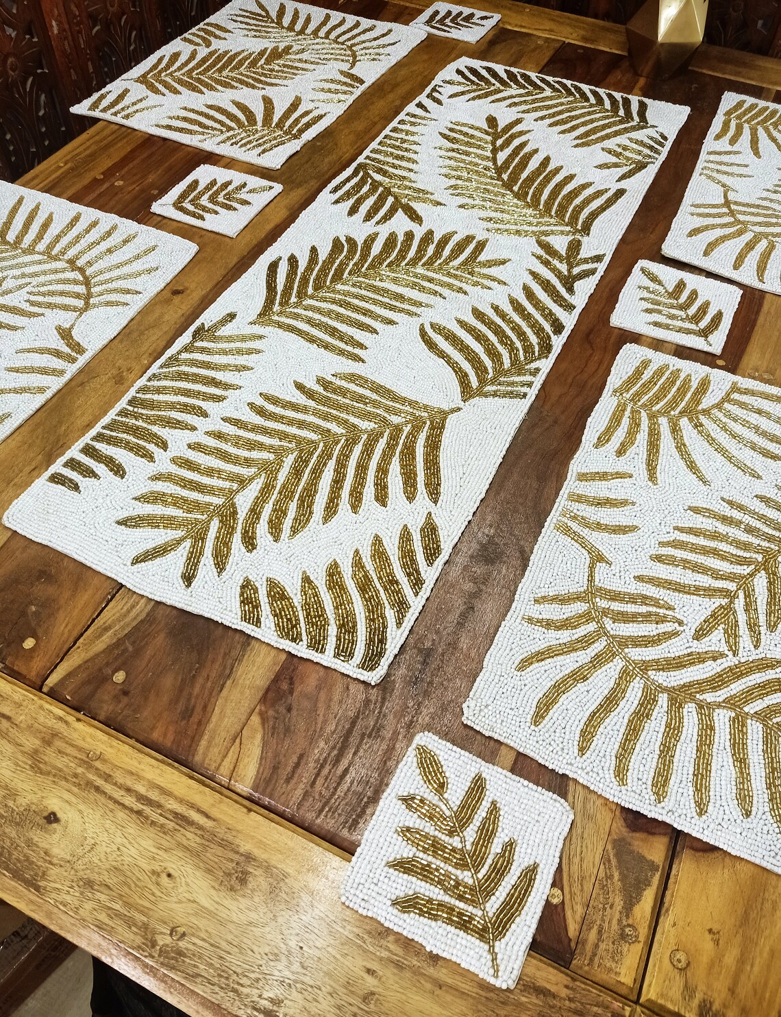Off-white With Gold Leaves Handmade Beaded Table Runner, Placemats and ...