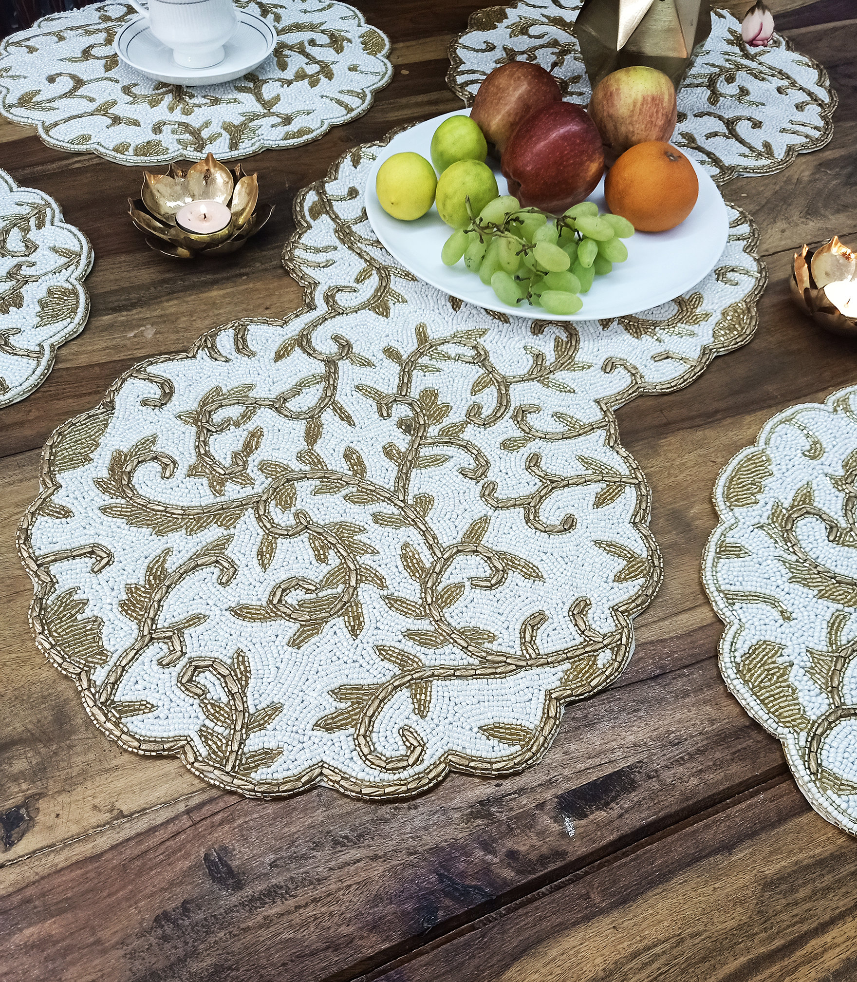 Off-white & Gold Beaded Table Runner Handmade Beaded Runner - Etsy