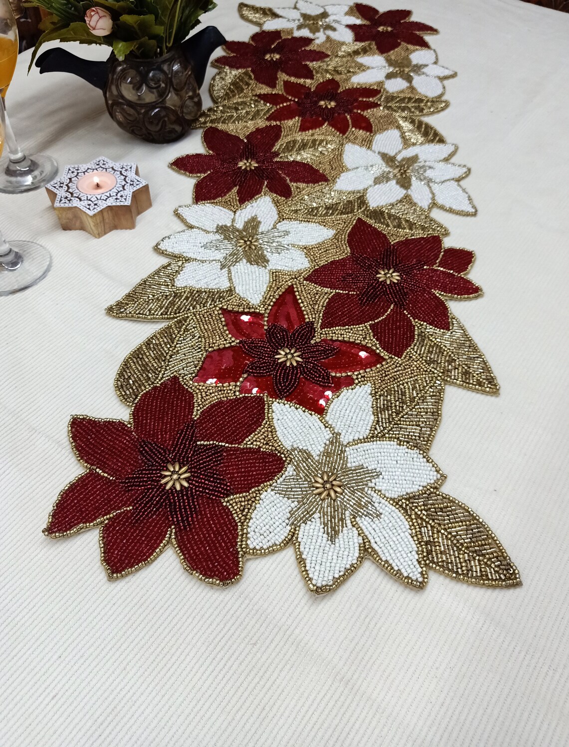 Handmade Red & Gold Floral Beaded Table Runner - Etsy