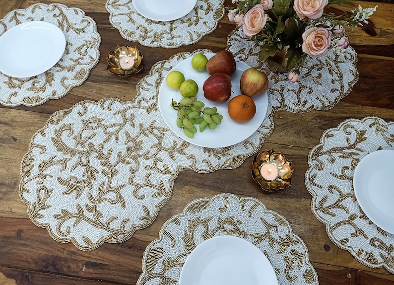 Off-white & Gold Beaded Table Runner Handmade Beaded Runner - Etsy