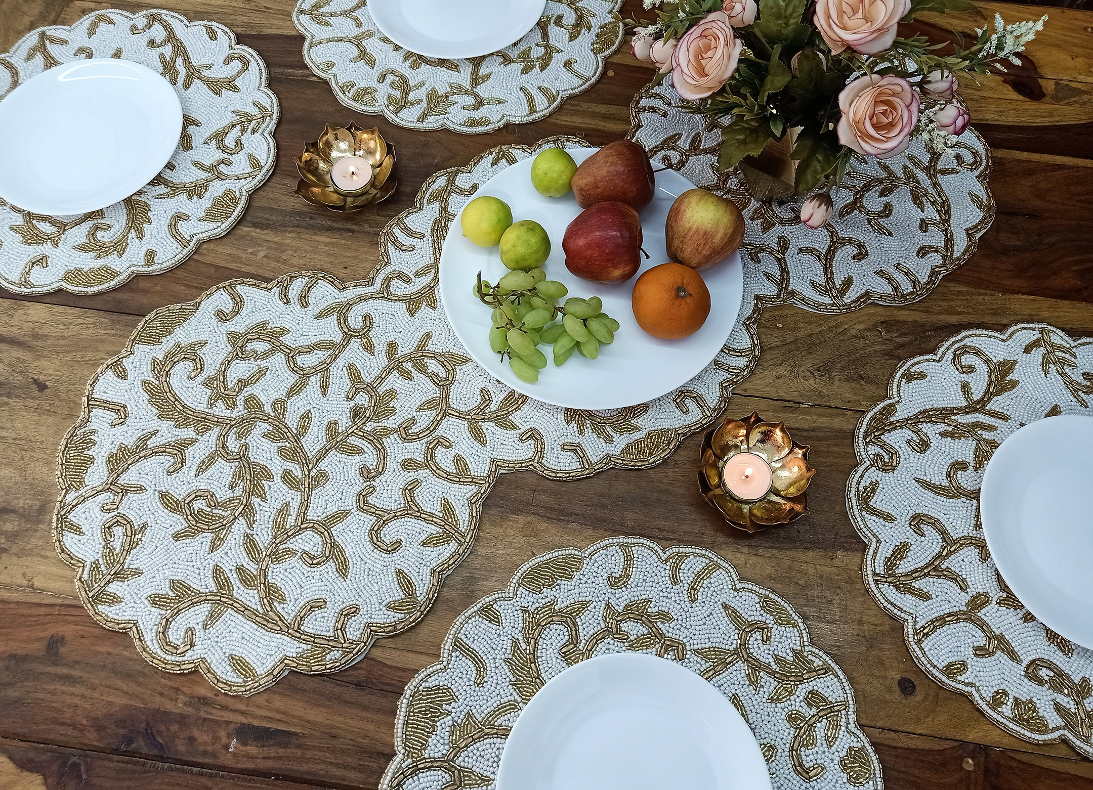 Off-white & Gold Beaded Table Runner Handmade Beaded Runner - Etsy