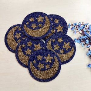 Handmade Blue-gold Moon and Stars Beaded Coasters - Set of 6 - Etsy