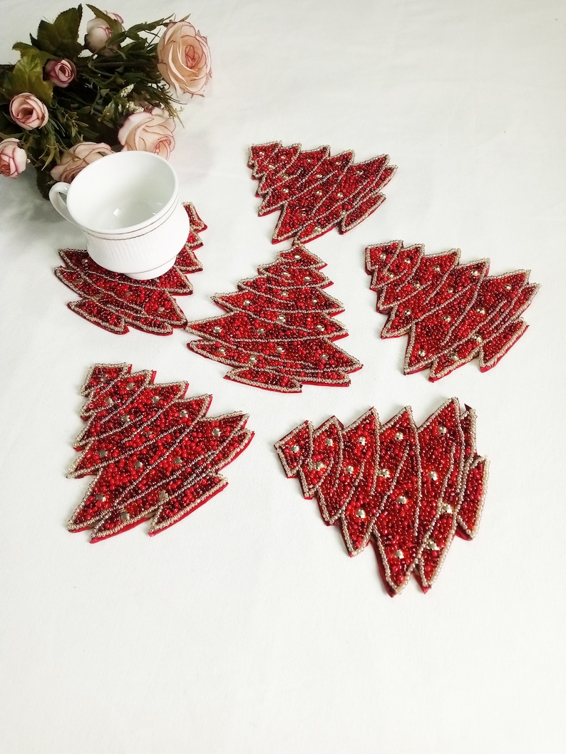 Handmade Red and Gold Christmas Tree Beaded Coasters Set of - Etsy