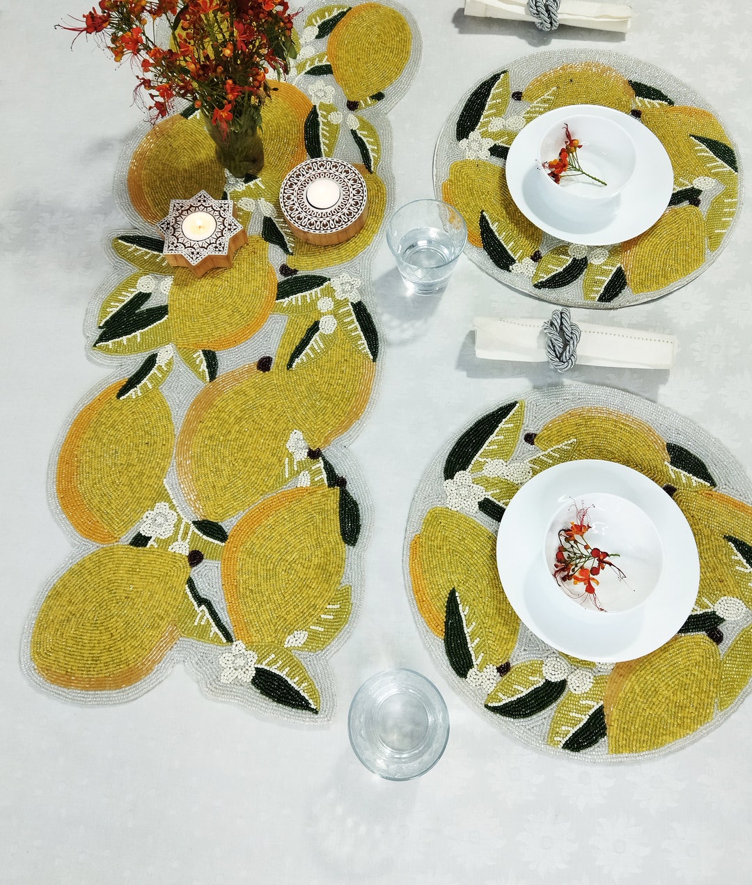 Handmade Lemons Beaded Runner.matching Placemats Also Available - Etsy