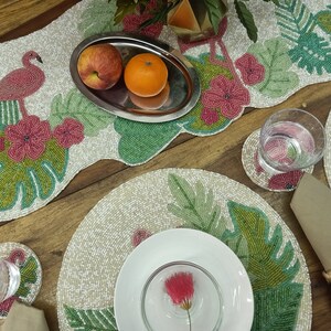 Handmade Flamingo With Tropical Leaves Beaded Table Runner, Matching ...