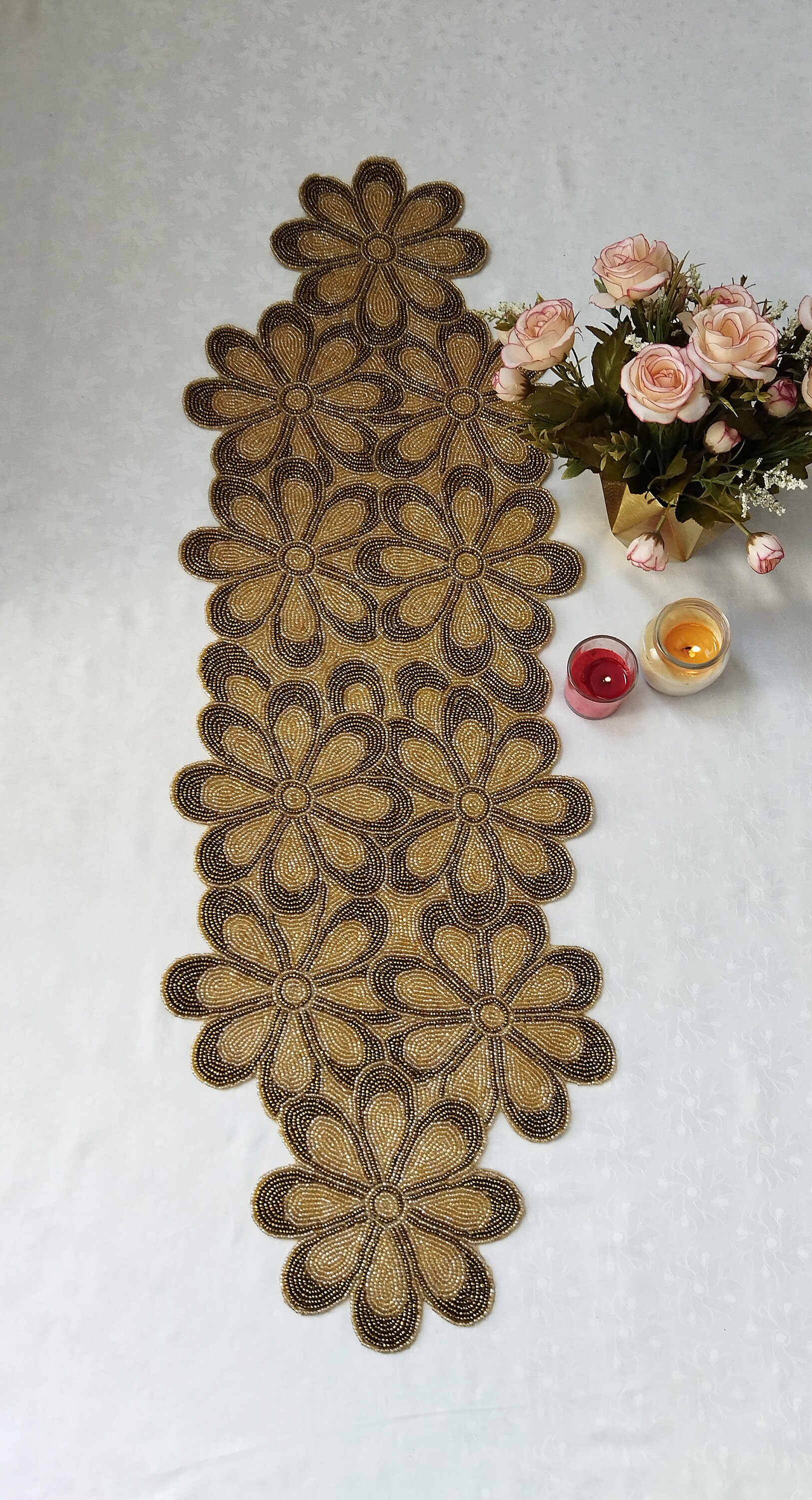 Handmade gold flower beaded Table runner. Matching Placemats | Etsy