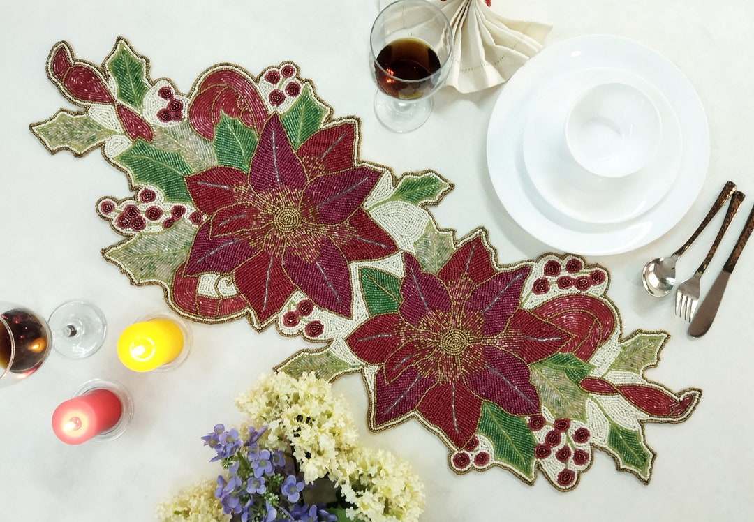 Handmade Christmas Poinsettia Flowers Beaded Table Runner, Holiday ...