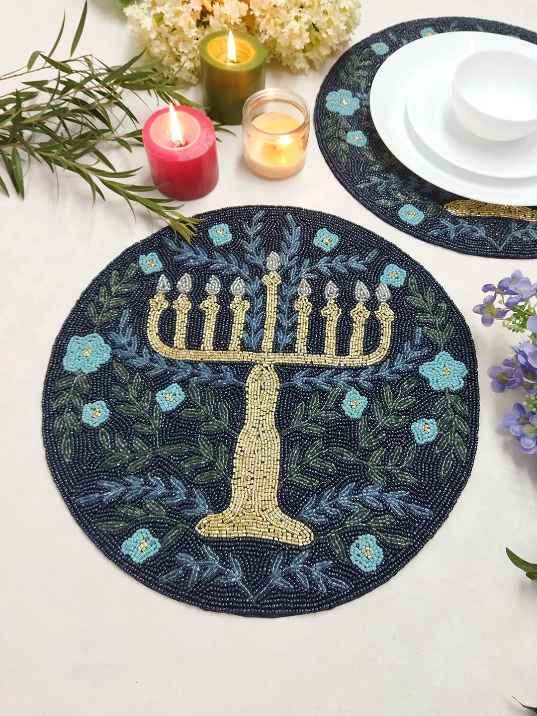 Handmade Menorah Beaded Placemats in Navy Blue - Etsy