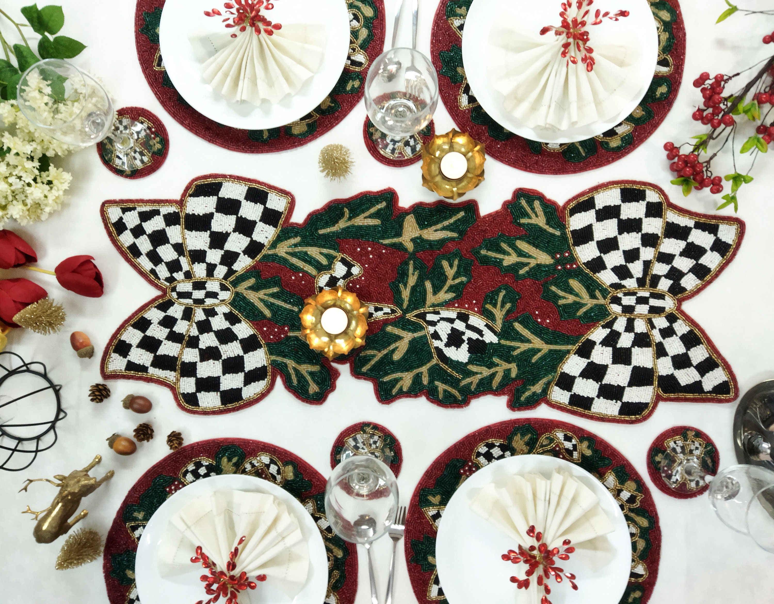 Handmade Christmas Black and White Bow Tie Beaded Table Runner - Etsy