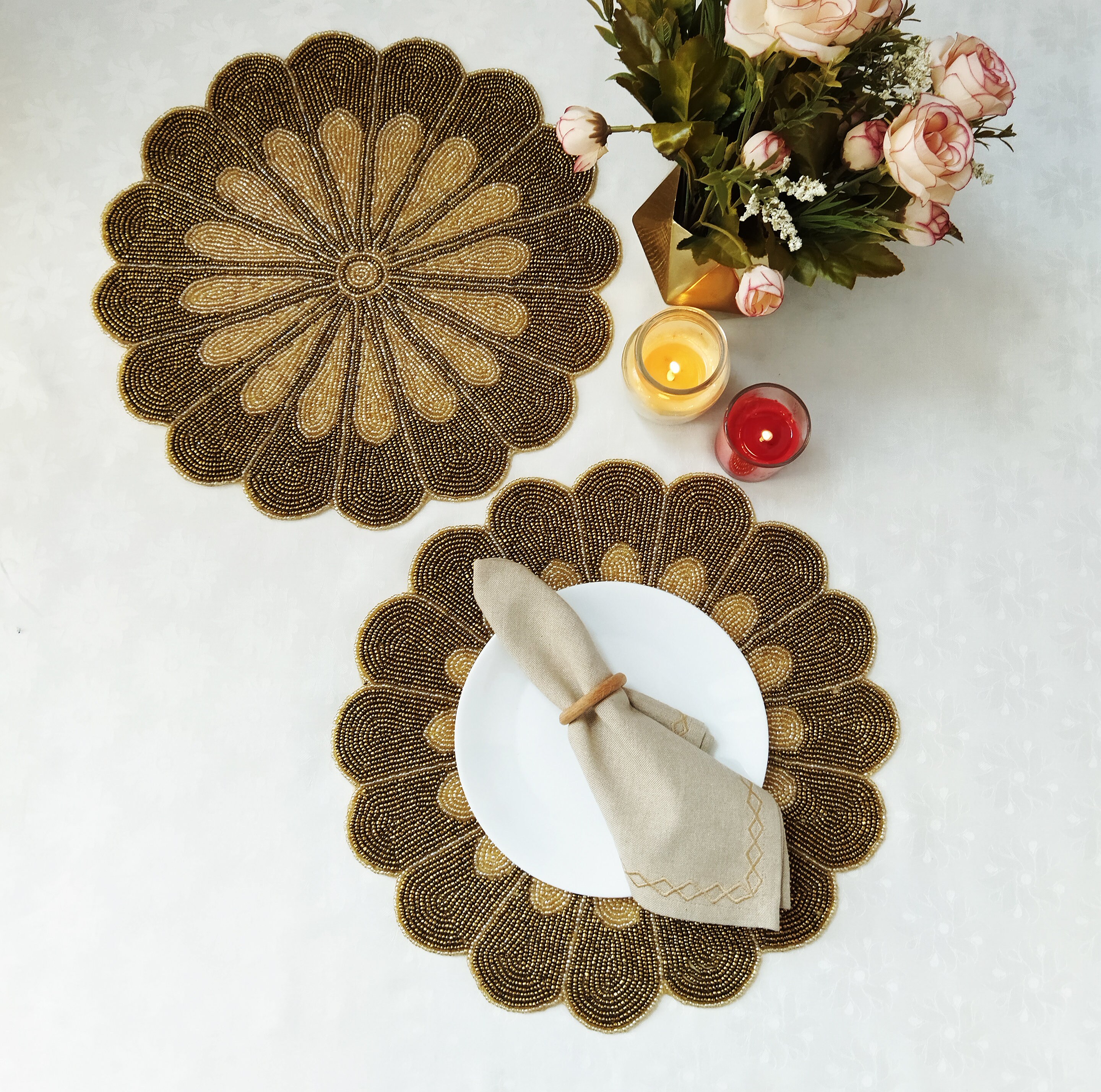 Handmade Gold Flower Beaded Round Placemat - Etsy