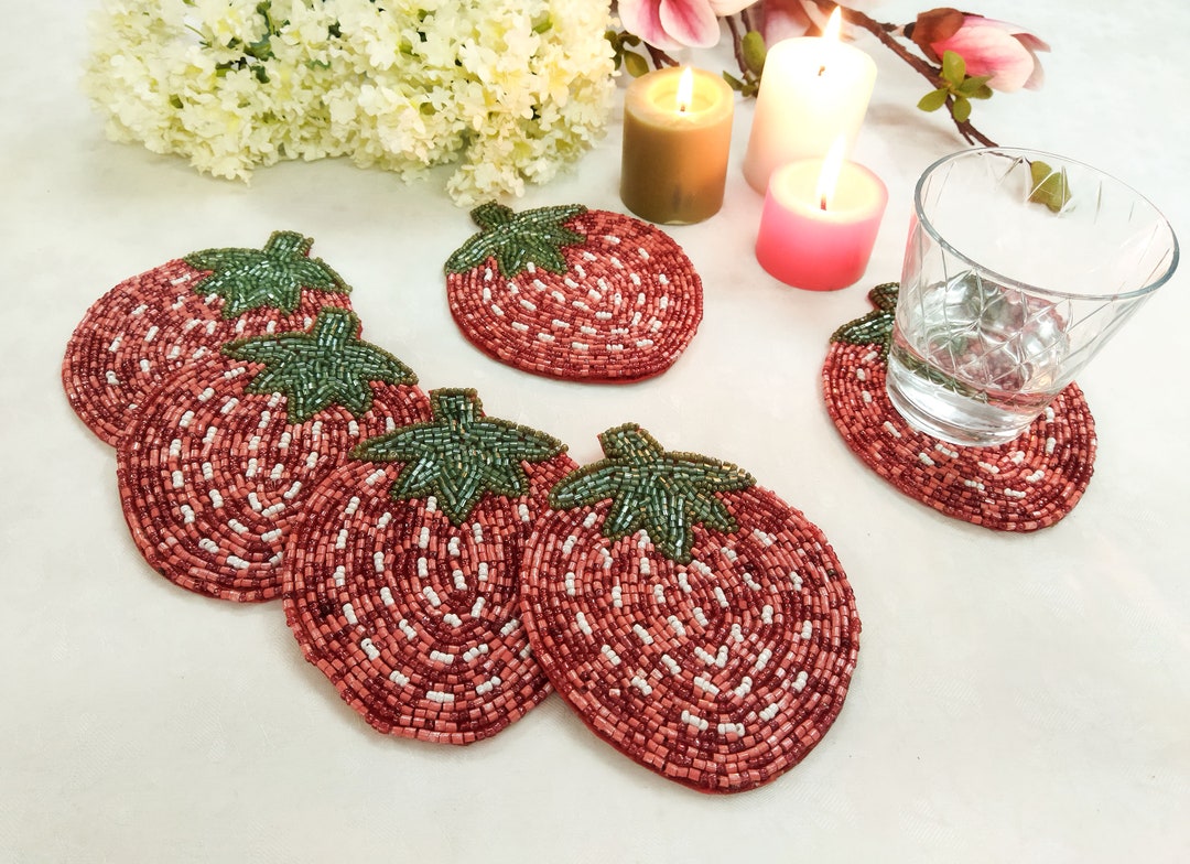 Handmade Strawberry Beaded Coasters - Set of 6 - Etsy
