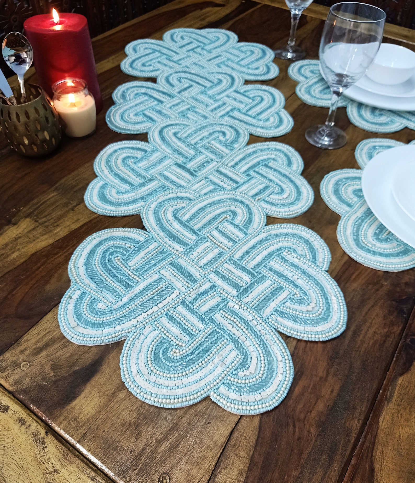 Handmade Aqua Blue Celtic Knot Beaded Table Runner Placemats - Etsy