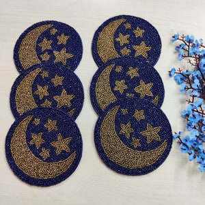 Handmade Blue-gold Moon and Stars Beaded Coasters - Set of 6 - Etsy