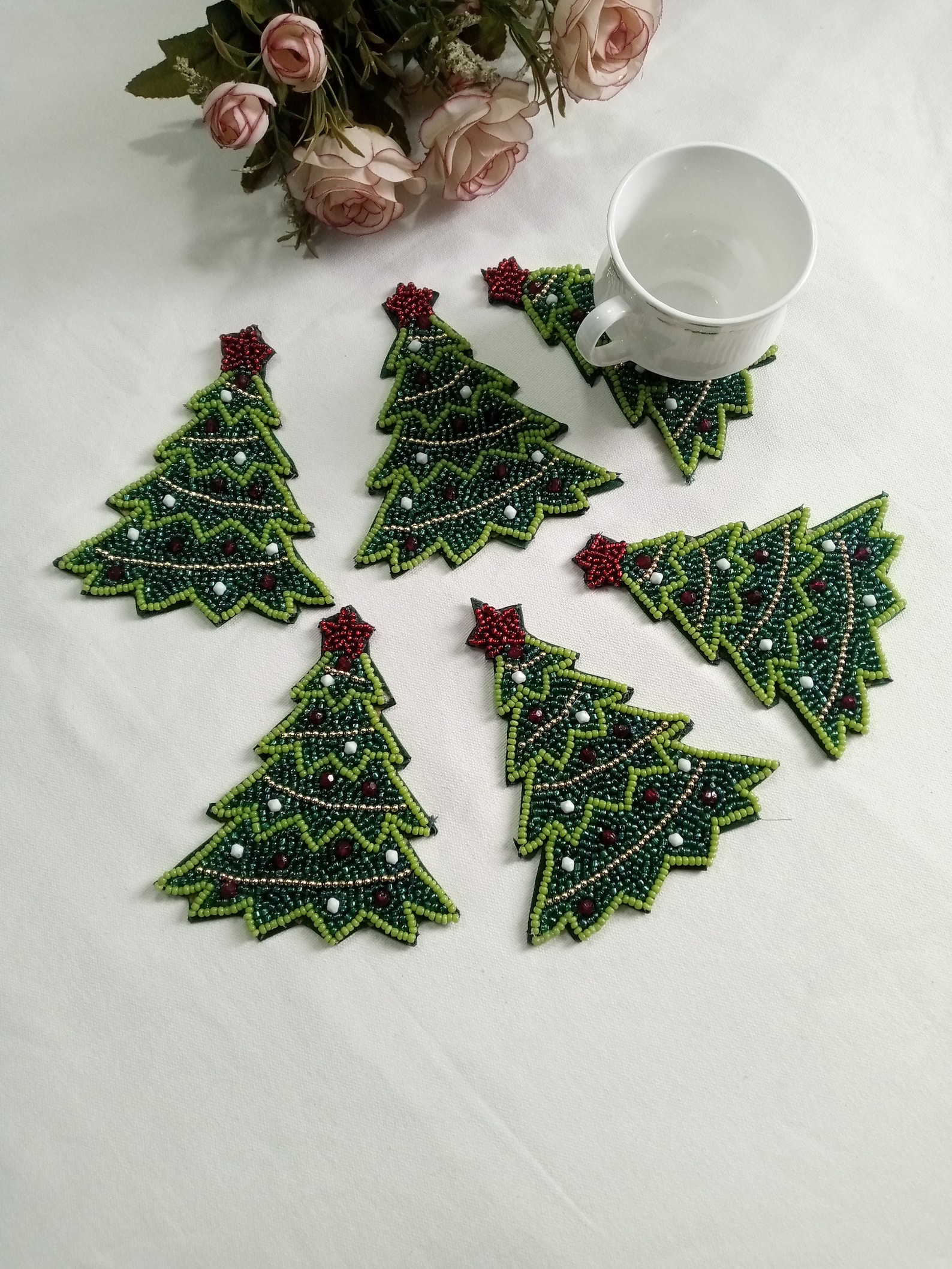 Handmade Green Christmas Tree Beaded Coasters Set of 6 - Etsy