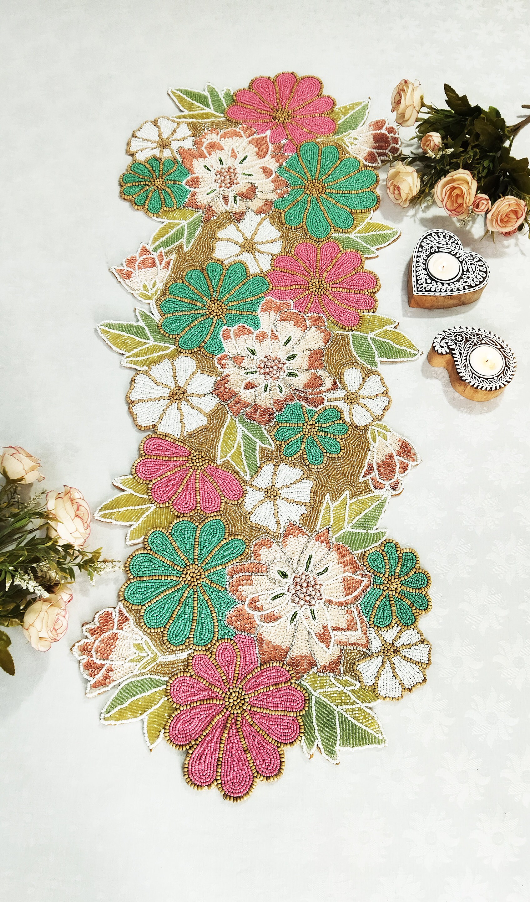 Pink Flowers Handmade Beaded Table Runner - Etsy