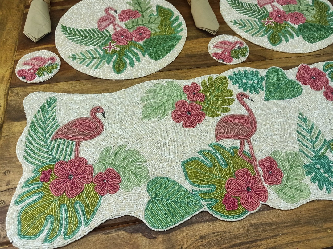 Handmade Flamingo With Tropical Leaves Beaded Table Runner, Matching ...