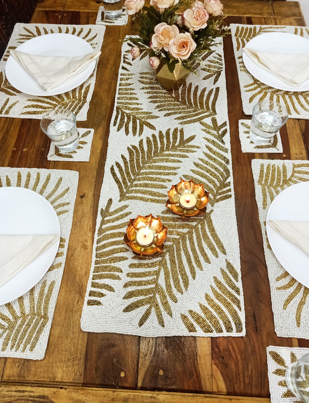 Off-white With Gold Leaves Handmade Beaded Table Runner, Placemats and ...