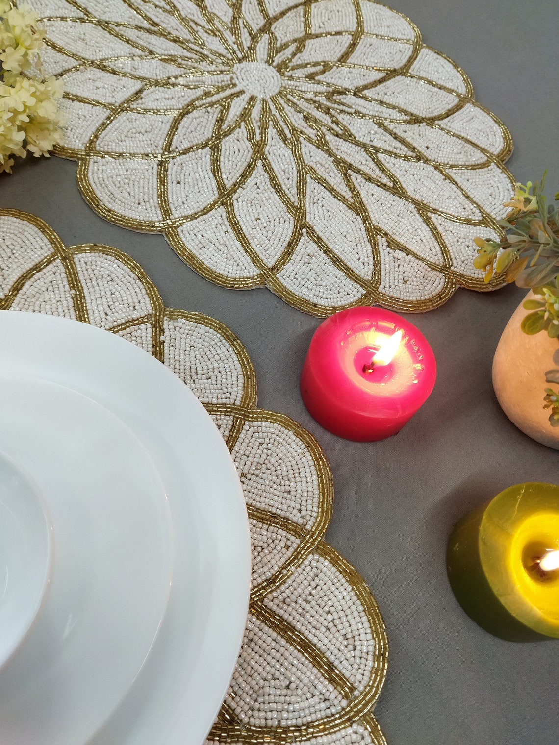 Off-white Geometrical Oval Flower Shape Handmade Beaded Placemat. Set ...