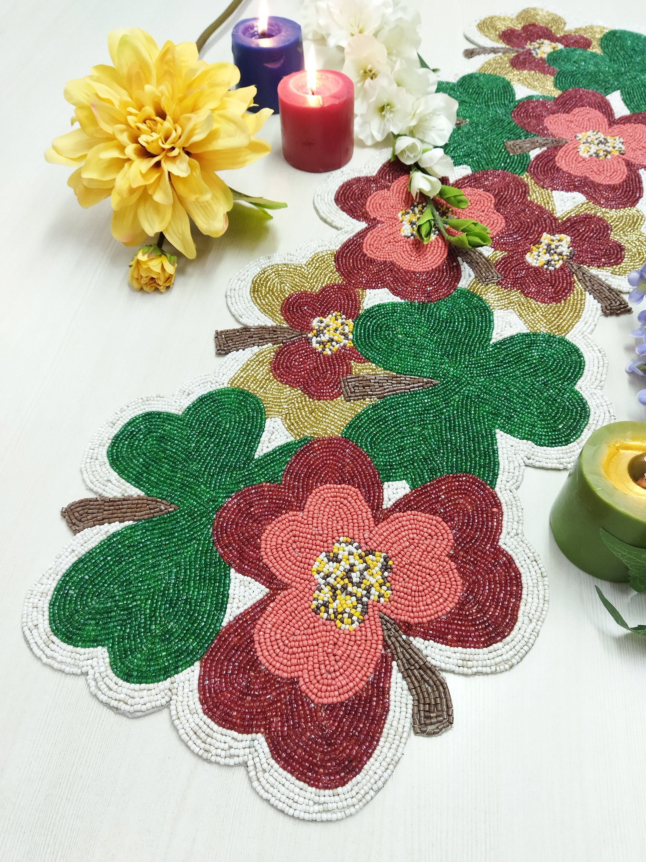 Handmade Green and Red Clover Leaves Beaded Table Runner - Etsy
