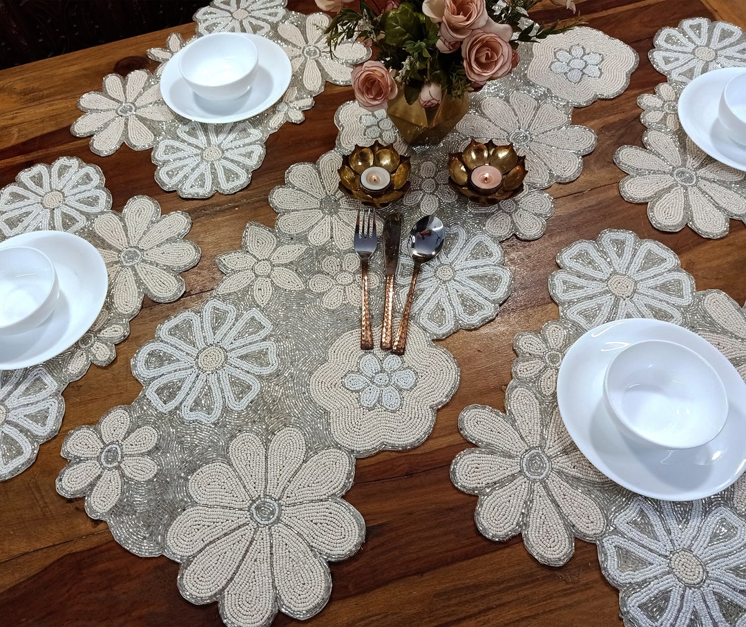 Handmade Ivory, White, and Silver Flowers Beaded Table Runner. Matching ...