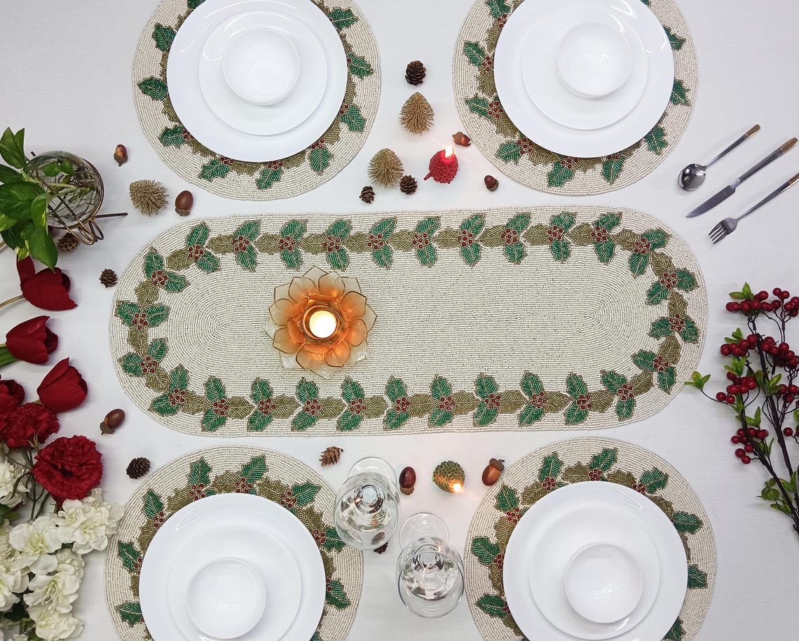 Christmas Holly Leaves Handmade Beaded Table Runner. Matching Placemats ...