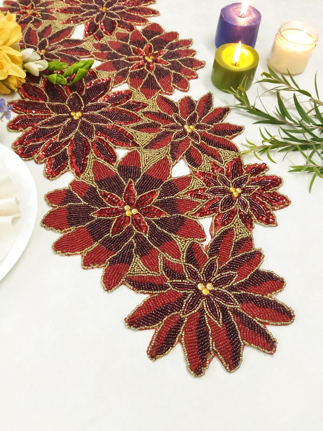 Handmade Gold Flower Beaded Table Runner. Matching Placemats Also ...