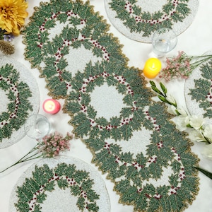 Christmas Holly Leaves Wreath Handmade Beaded Table Runner. Matching ...