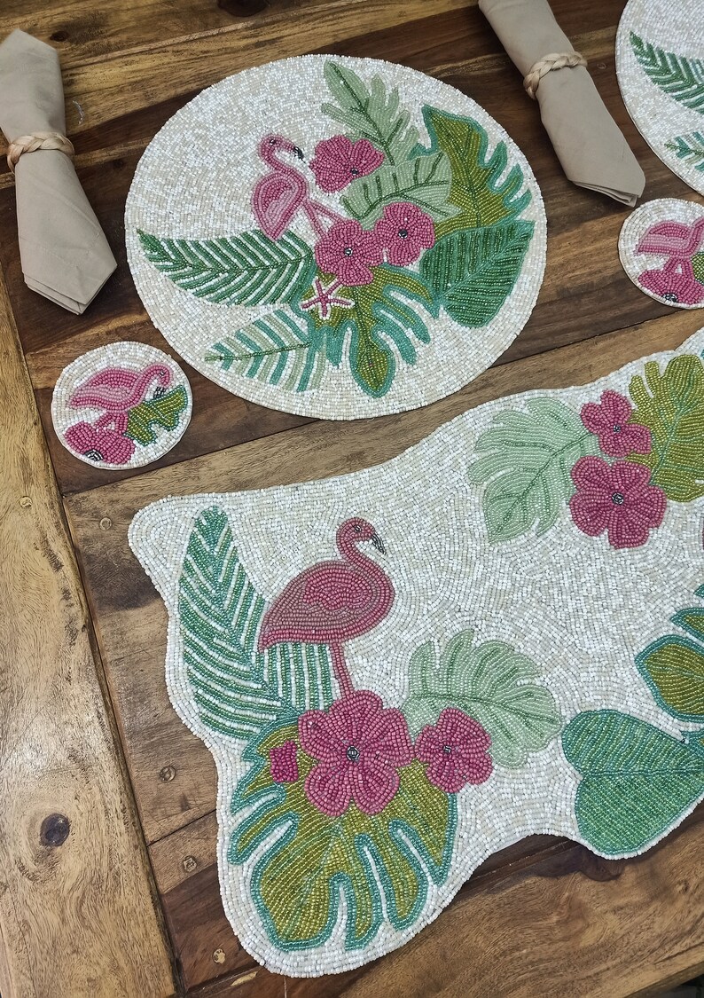Handmade Flamingo with Tropical leaves beaded table runner | Etsy