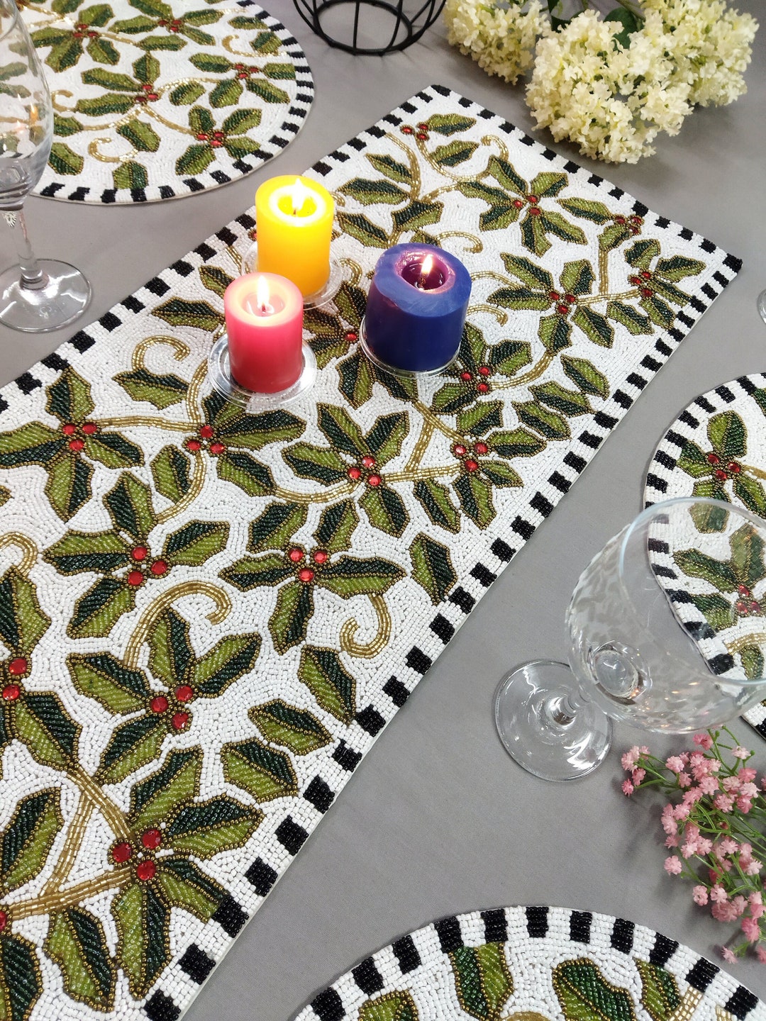 Christmas Holly Leaves Handmade Beaded Table Runner. Matching Placemats ...