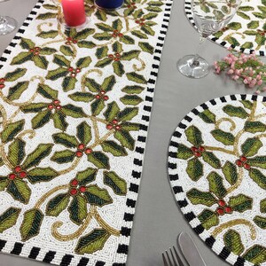 Christmas Holly Leaves Handmade Beaded Table Runner. Matching Placemats ...