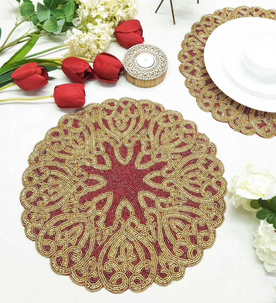 Handmade Red Gold Beaded Placemat - Etsy