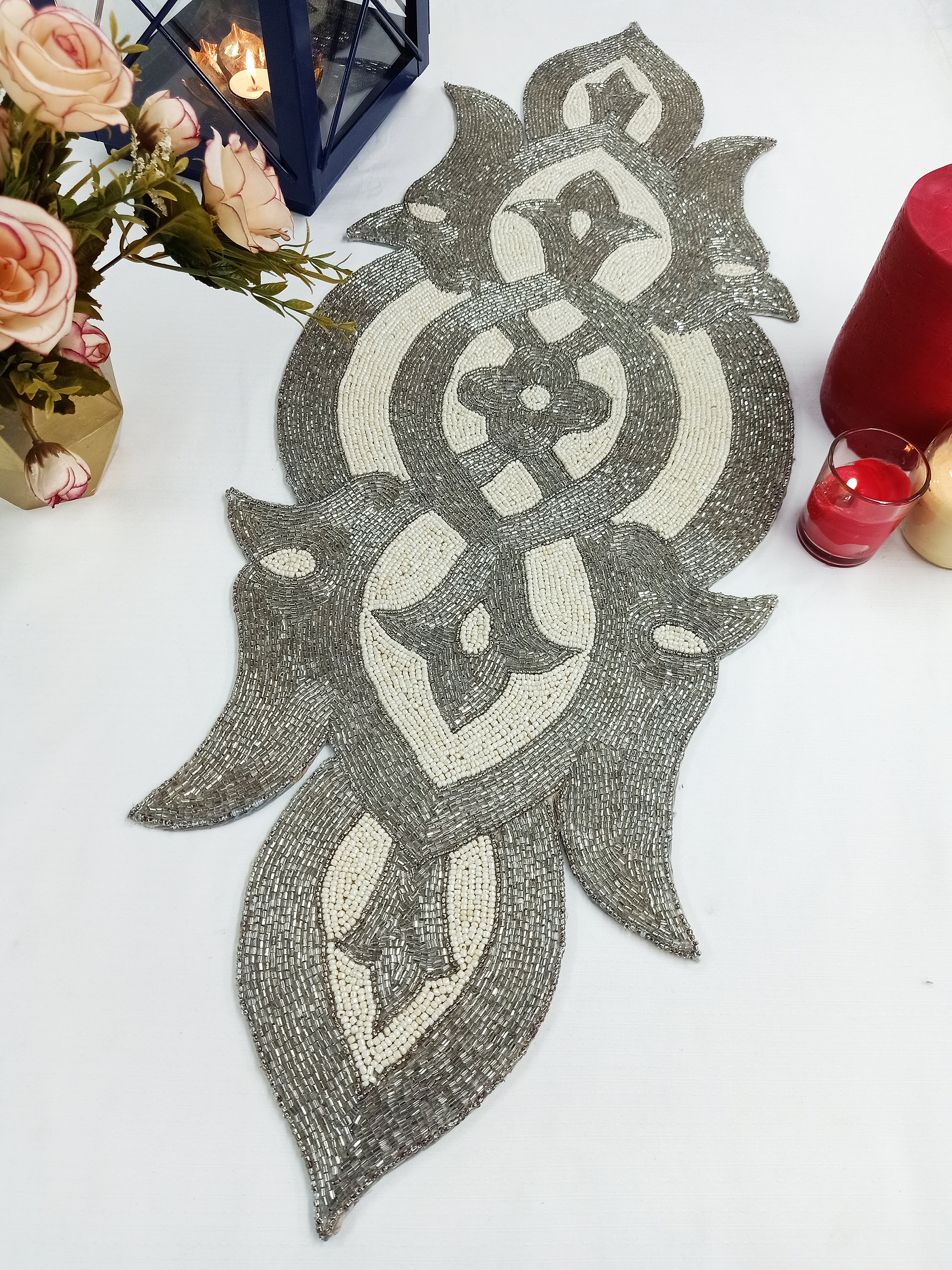 Handmade Silver off White Beaded Table Runner - Etsy