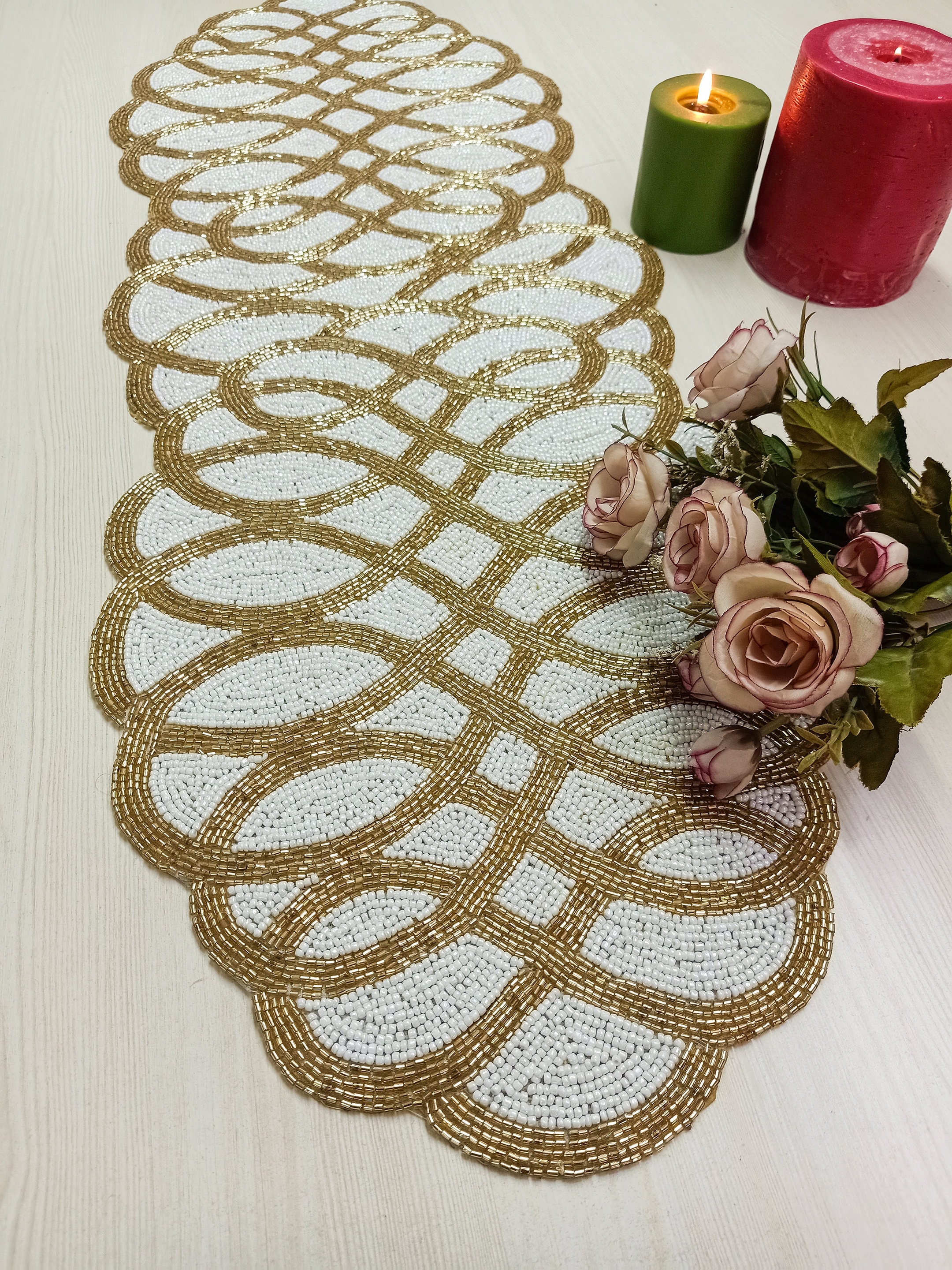 Gold and White Handmade Beaded Runner - Etsy
