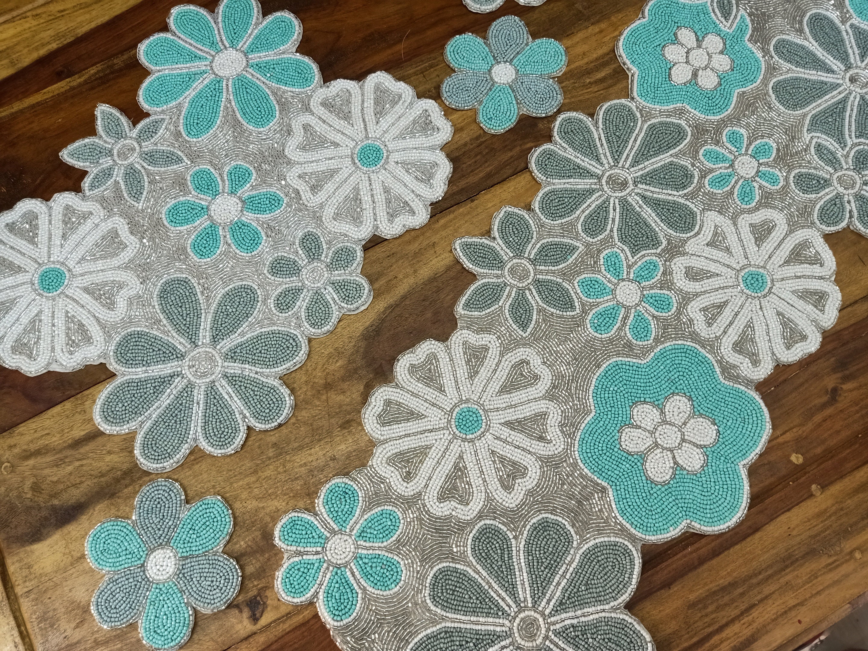 Handmade Aqua Blue Silver Flower Beaded Table Runner Set - Etsy Australia