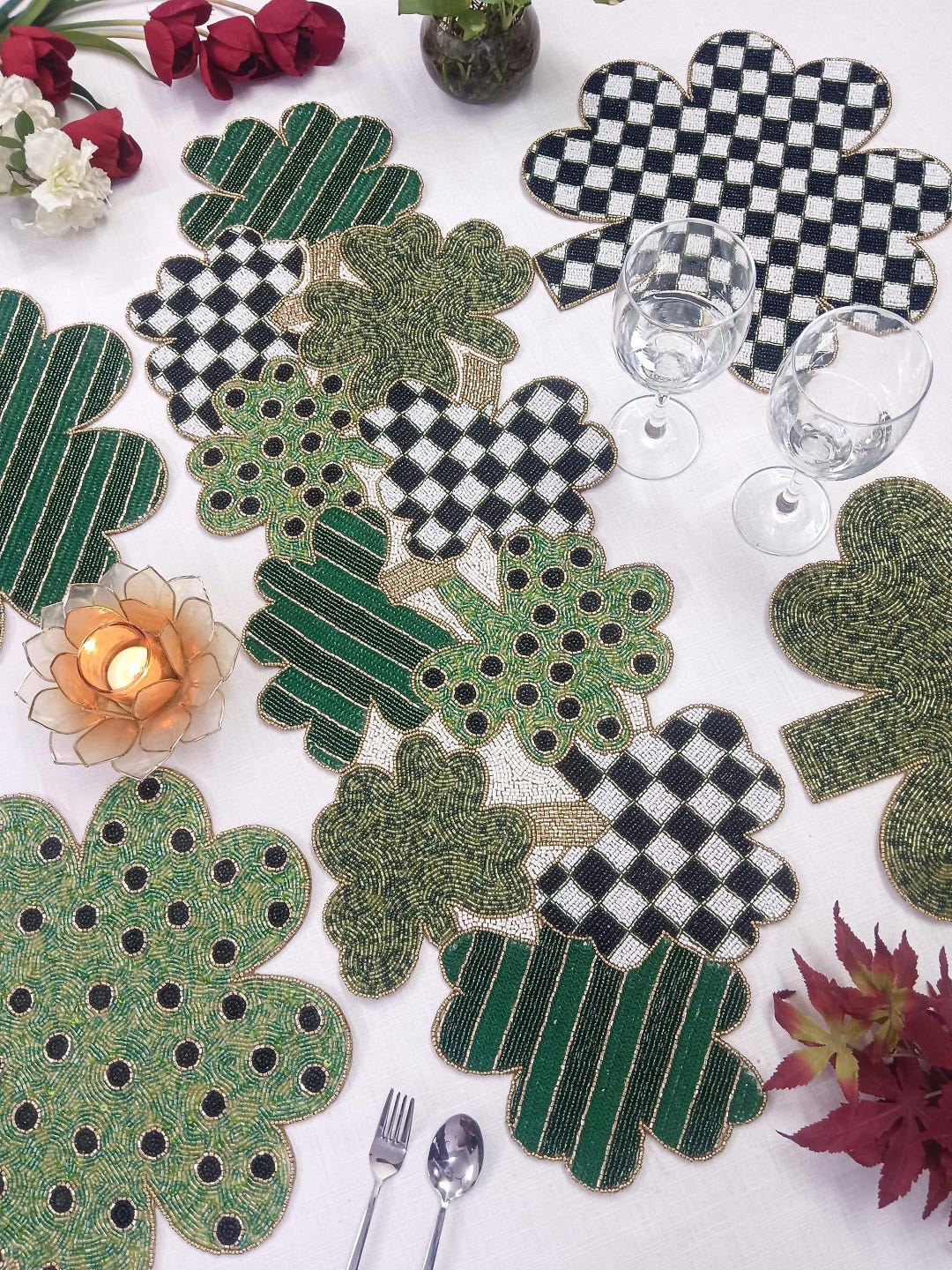 Green Clover Leaves Handmade Beaded Table Runner - Etsy