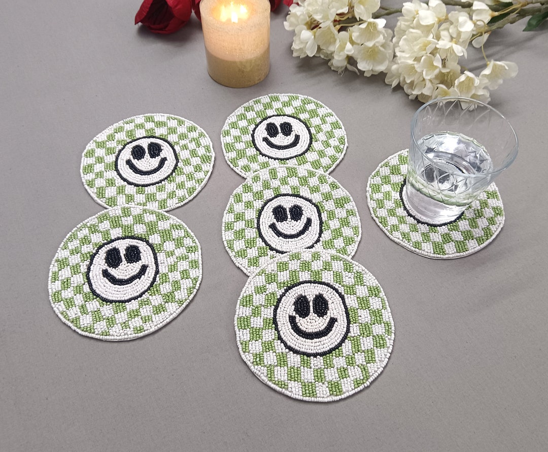 Set of 6 Handmade Beaded Green Smiley Coasters - Etsy