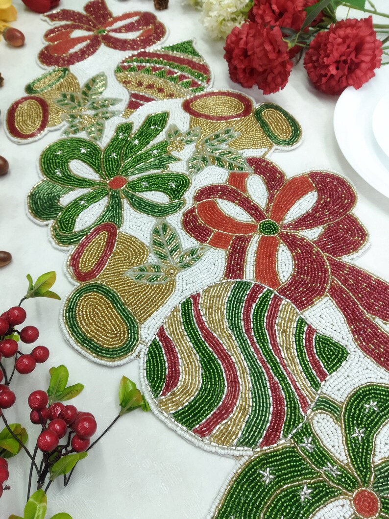 Christmas Charms and Bow Ties Handmade Beaded Table Runner - Etsy