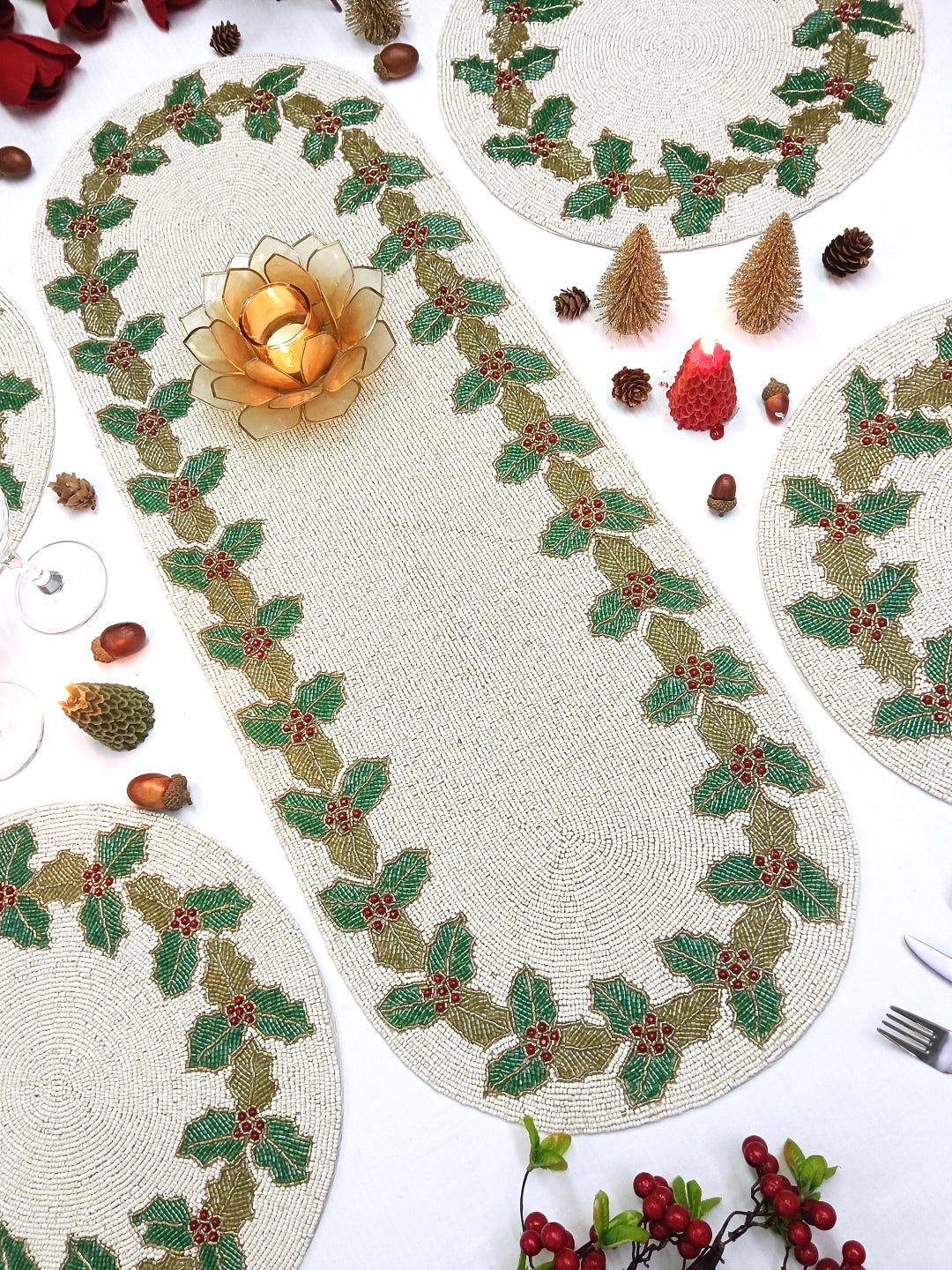 Christmas Holly Leaves Handmade Beaded Table Runner. Matching Placemats ...