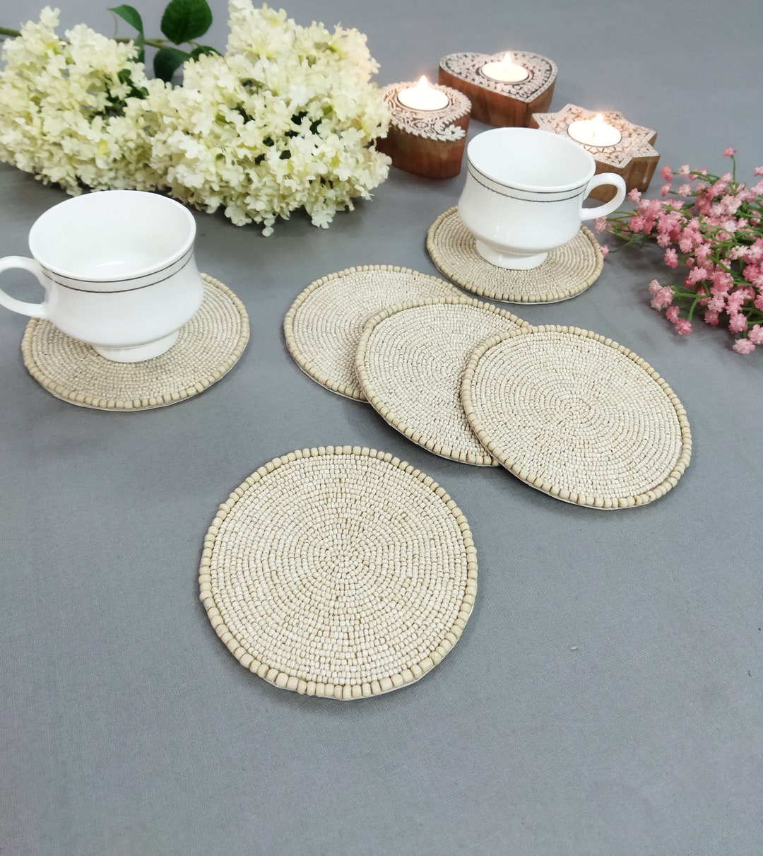 Handmade Ivory Beaded Coasters - Set of 6 - Etsy