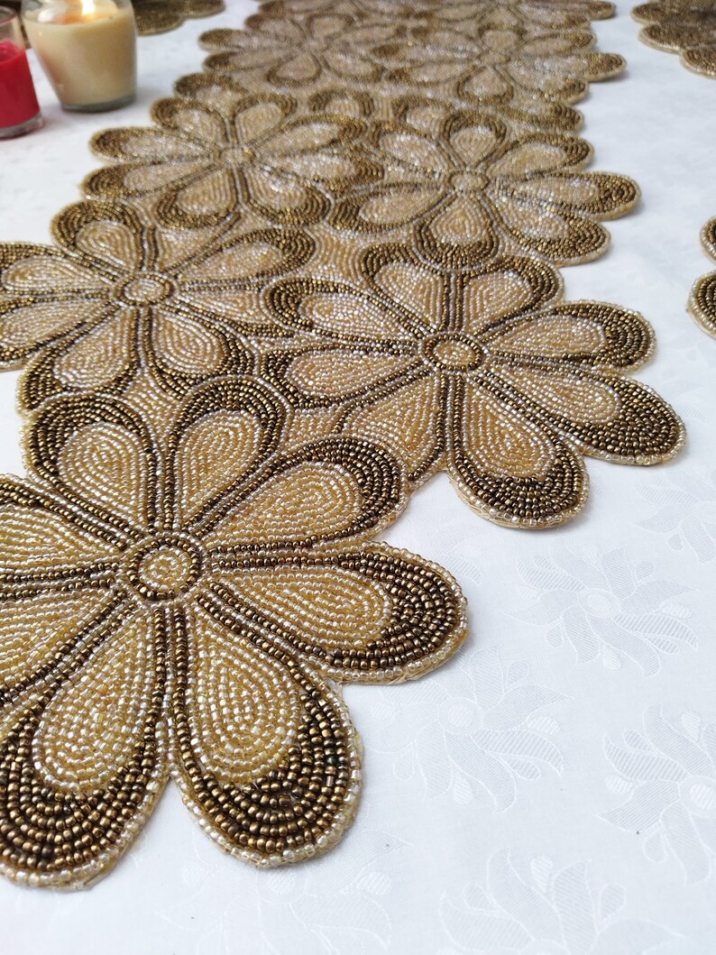 Handmade Gold Flower Beaded Table Runner. Matching Placemats Also ...