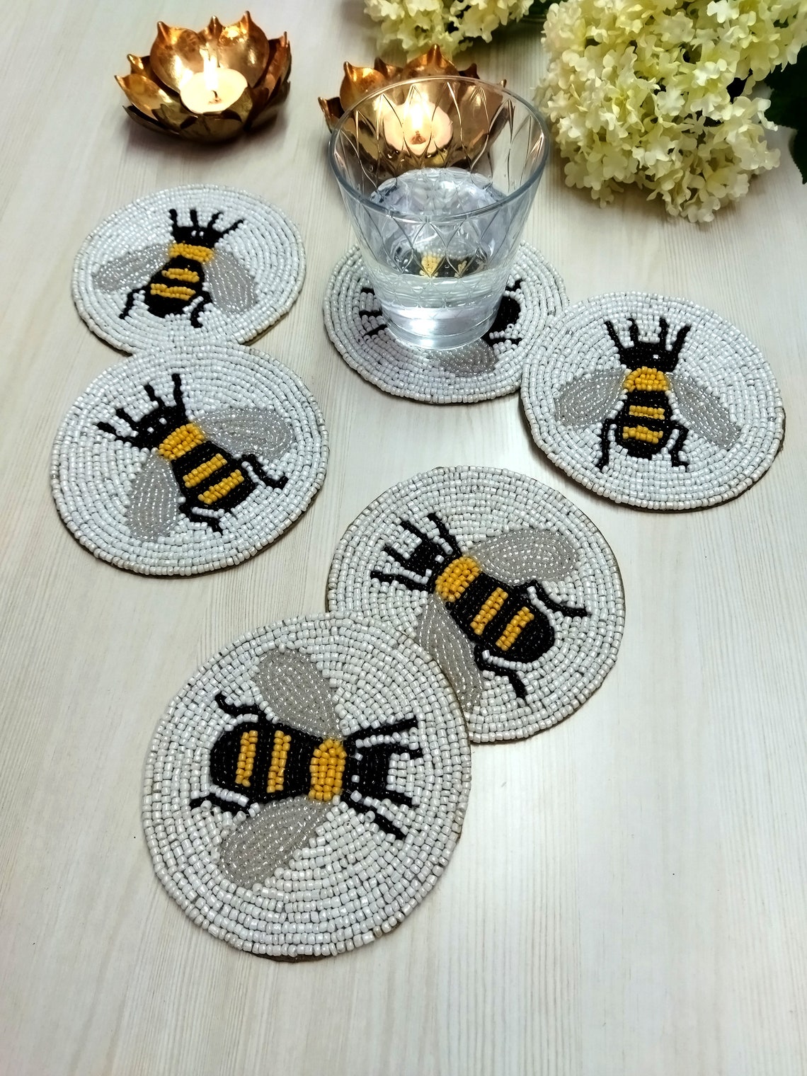 Handmade Honey Bee Beaded Coaster- Set of 6 - Etsy