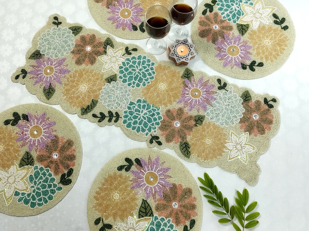 Handmade Pastel Flowers Beaded Table Runner. Matching Placemats Also ...