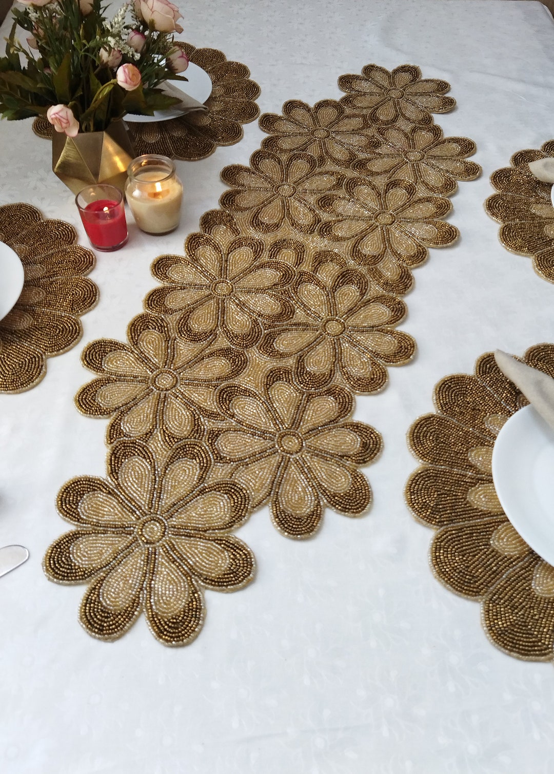 Handmade Gold Flower Beaded Table Runner. Matching Placemats Also ...