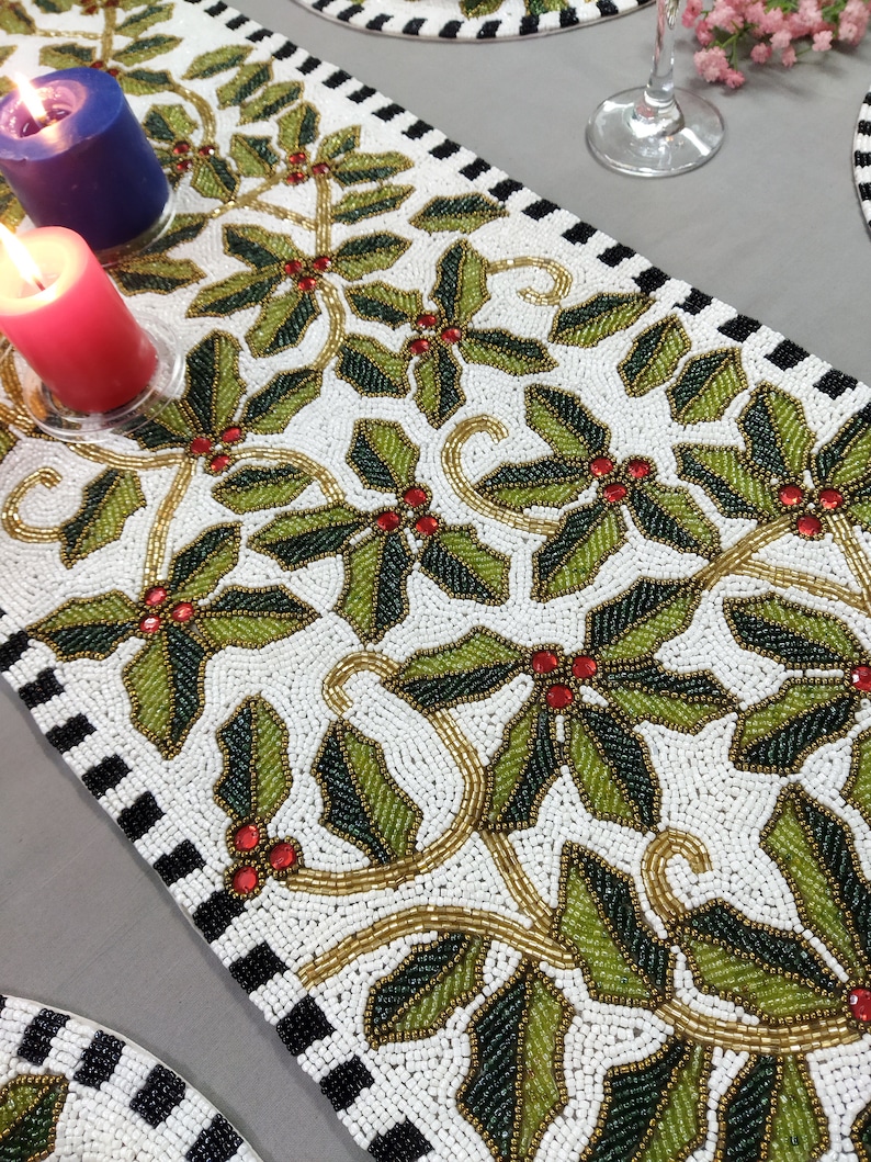 Christmas Holly Leaves Handmade Beaded Table Runner. Matching Placemats ...
