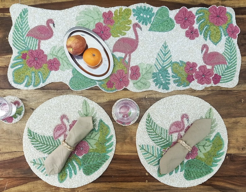 Handmade Flamingo with Tropical leaves beaded table runner | Etsy
