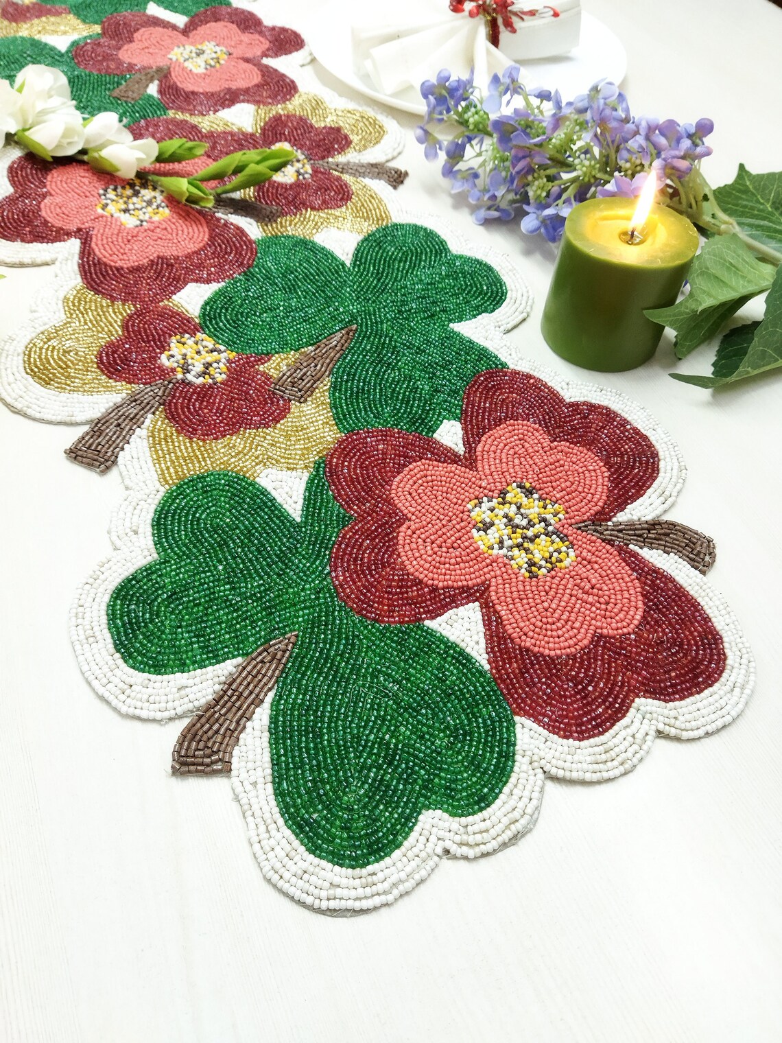 Handmade Green and Red Clover Leaves Beaded Table Runner - Etsy